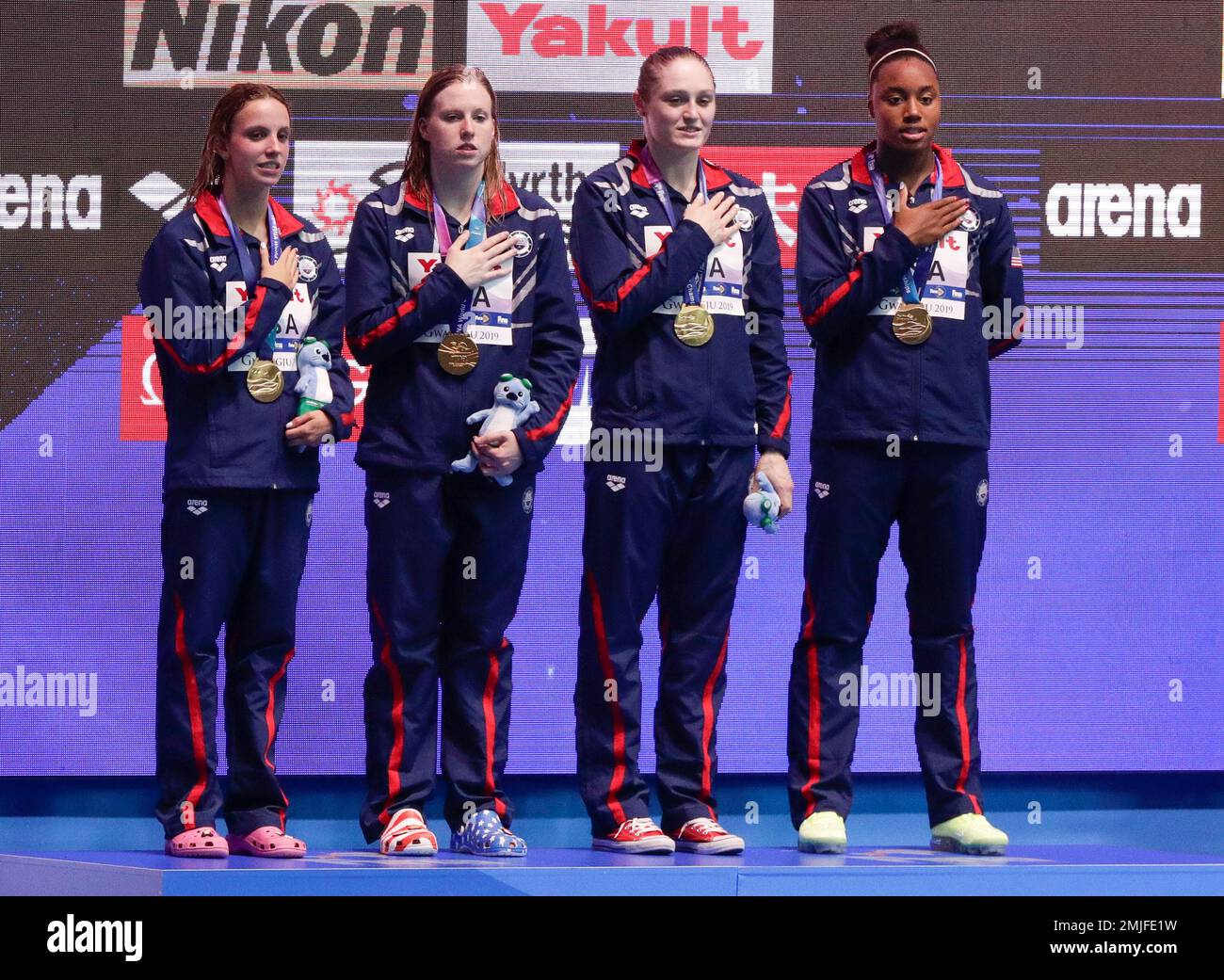 The United States women's 4x100m medley relay team, from left, Regan ...