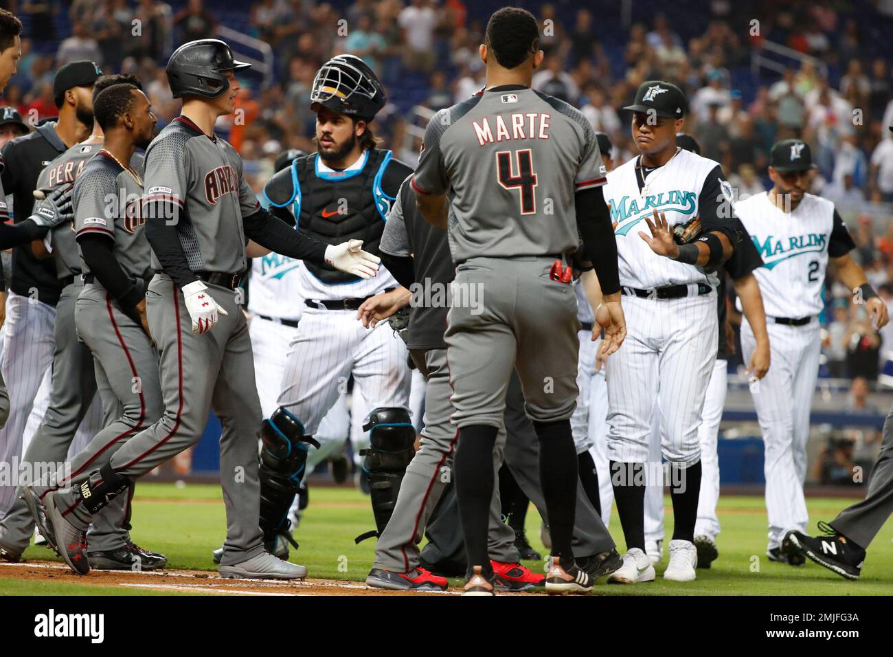 Players confront each other after the benches cleared when Arizona ...