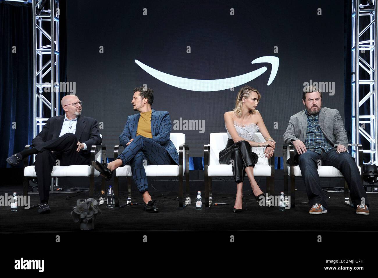 Marc Guggenheim, from left, Orlando Bloom, Cara Delevingne and Travis ...