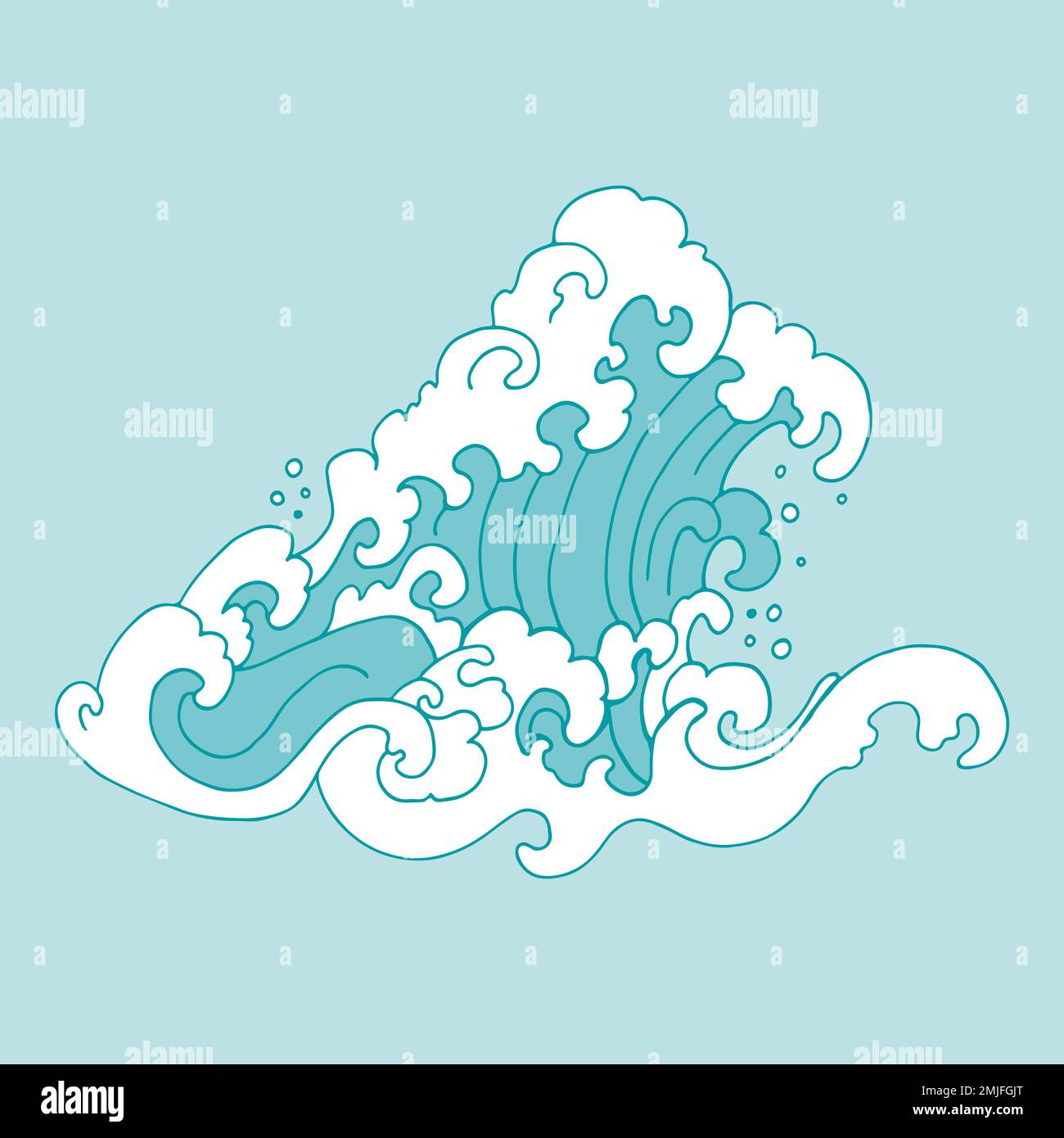 Sea waves doodle style, isolated on light blue background. Ocean ...