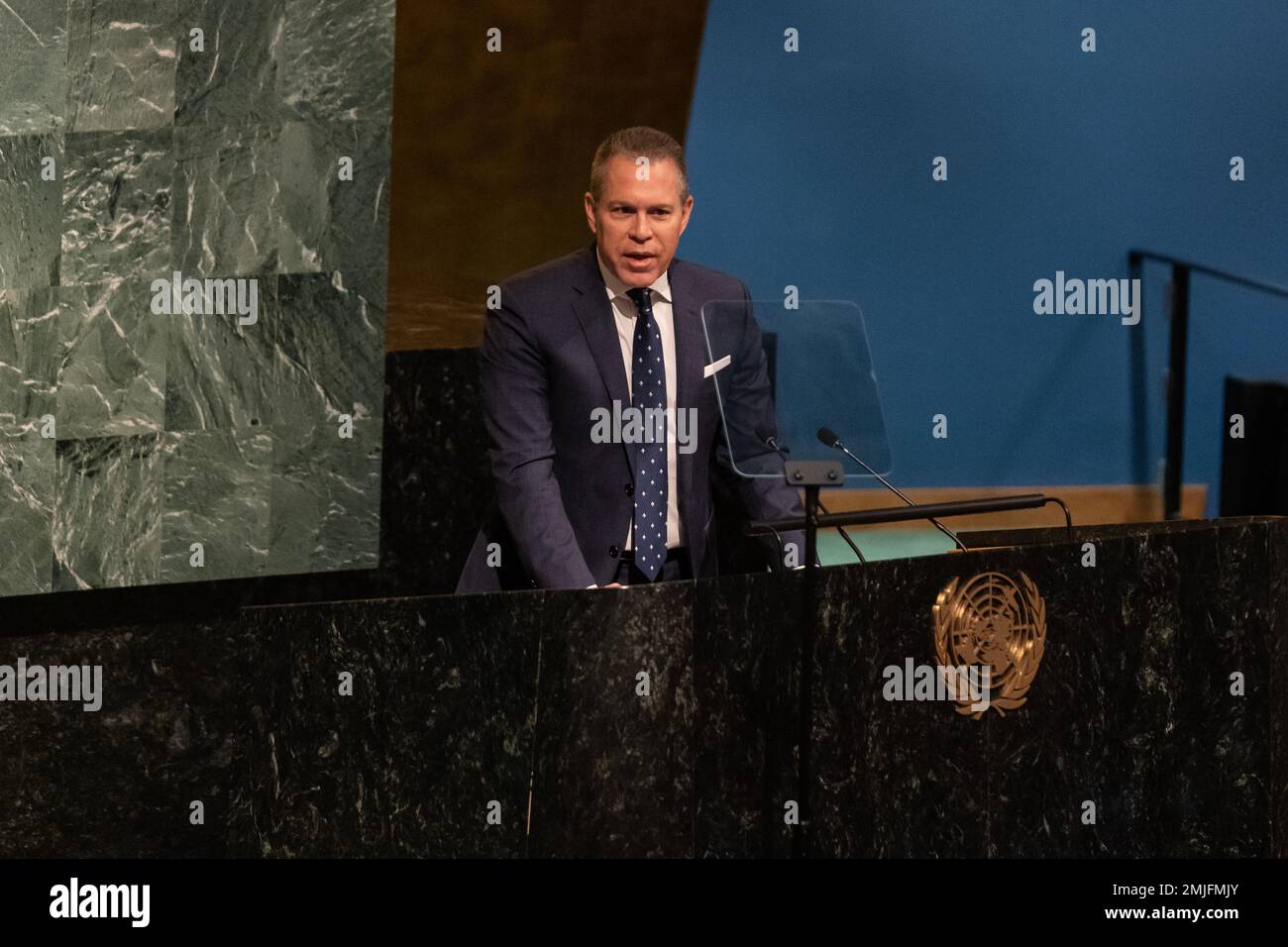 Ambassador Gilad Erdan speaks during United Nations Holocaust Memorial ...