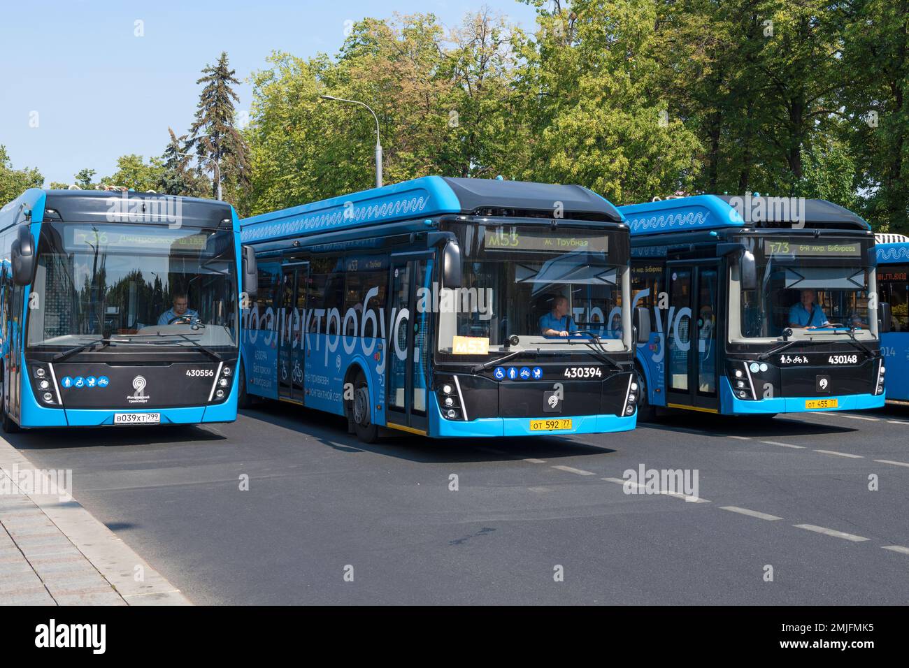 MOSCOW, RUSSIA - AUGUST 17, 2022: Three Russian electric buses KAMAZ ...