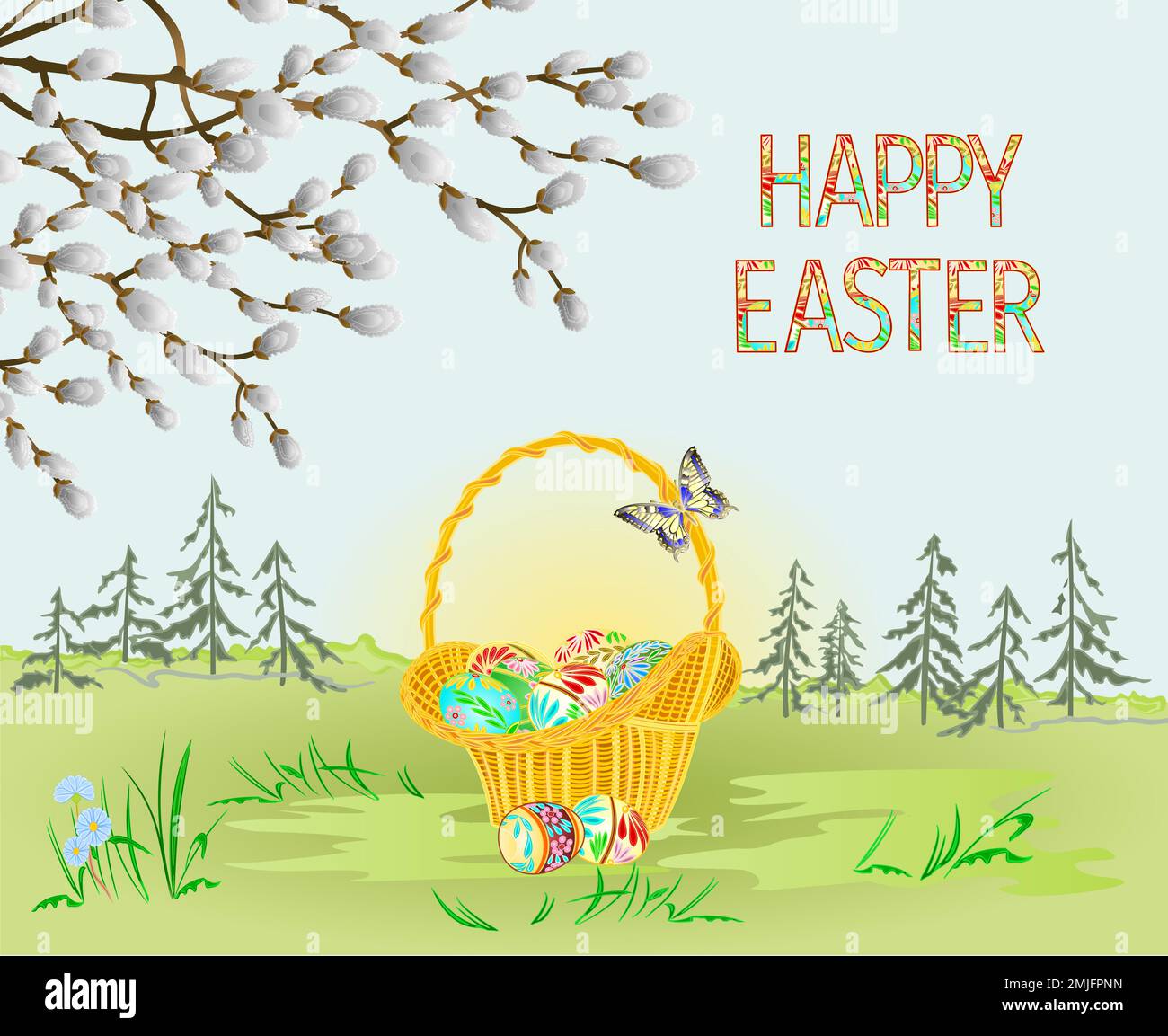 Spring landscape forest Easter wicker and easter eggs and butterfly in ...