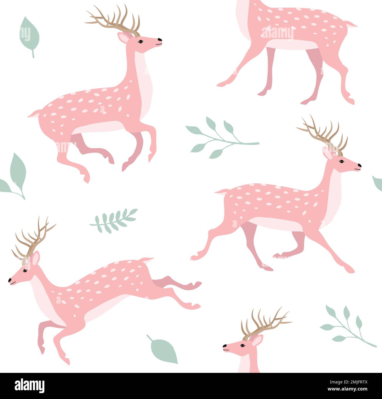 Vector seamless pattern of pink flat hand drawn deer and leaves ...