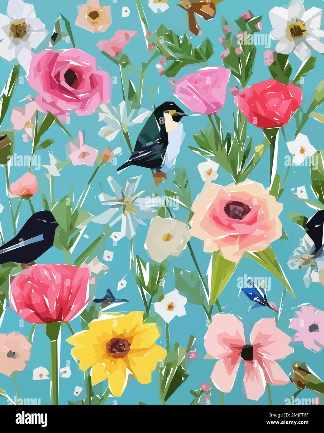 Floral background with birds, flowers and butterflies, vector ...
