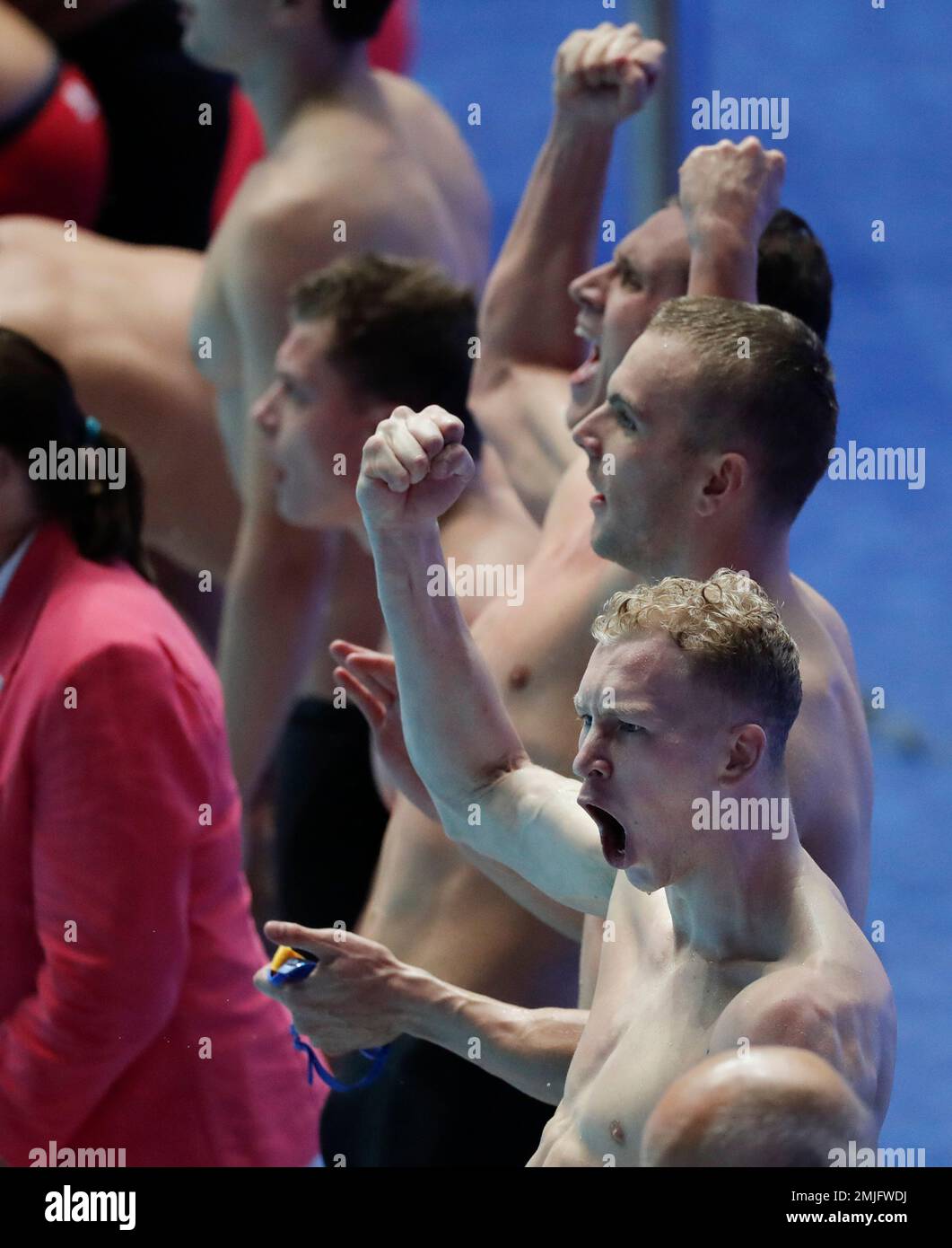 Australia's men's 4x200m freestyle relay team celebrate after winning ...