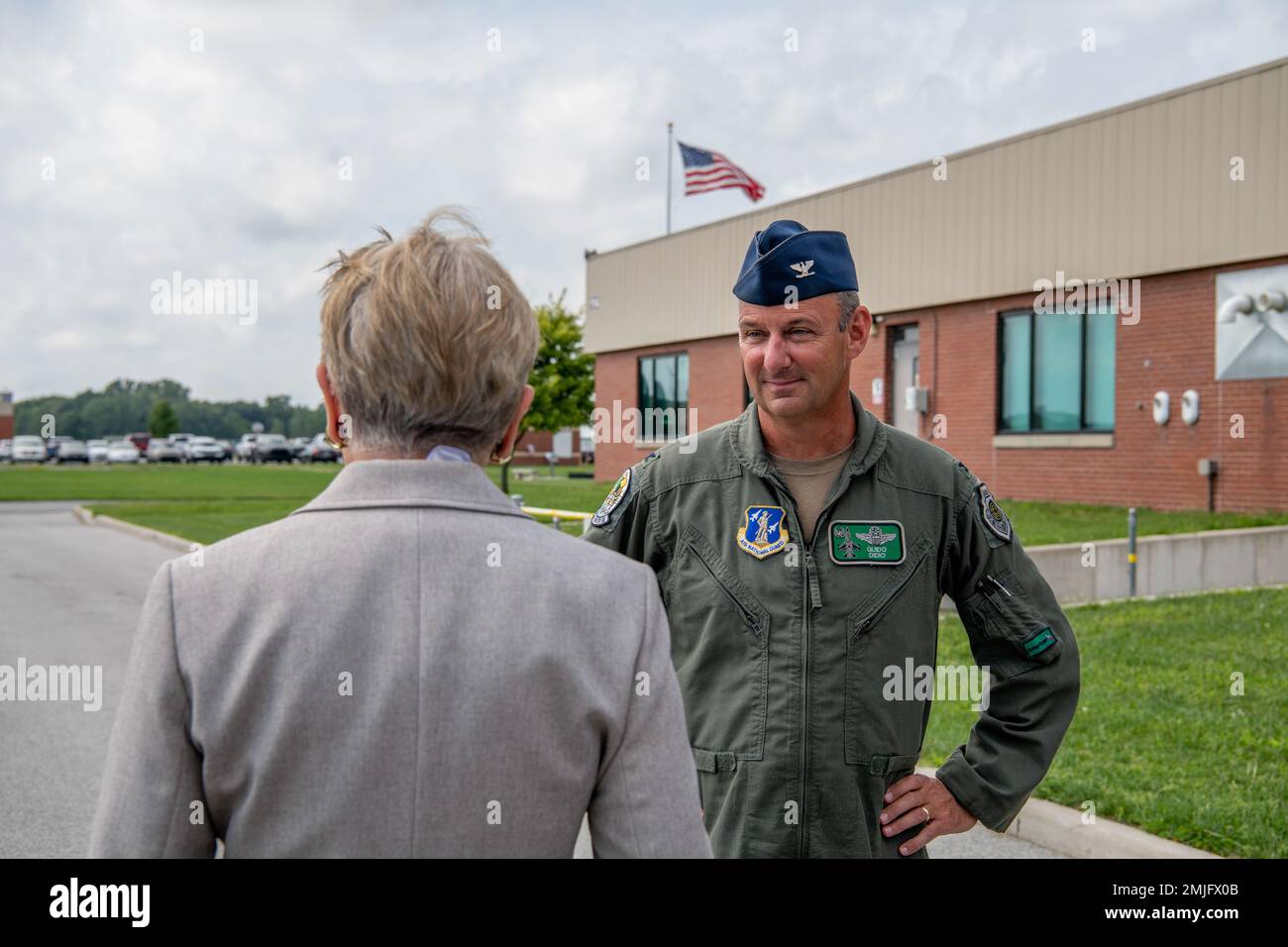 U.S. Congresswoman Marcy Kaptur speaks with U.S. Air Force Col. Michael ...