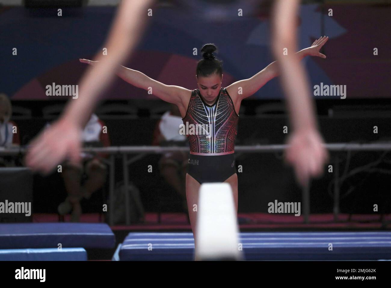 Gymnast Shallon Olsen from Canada prepares to jump on the bar during a ...