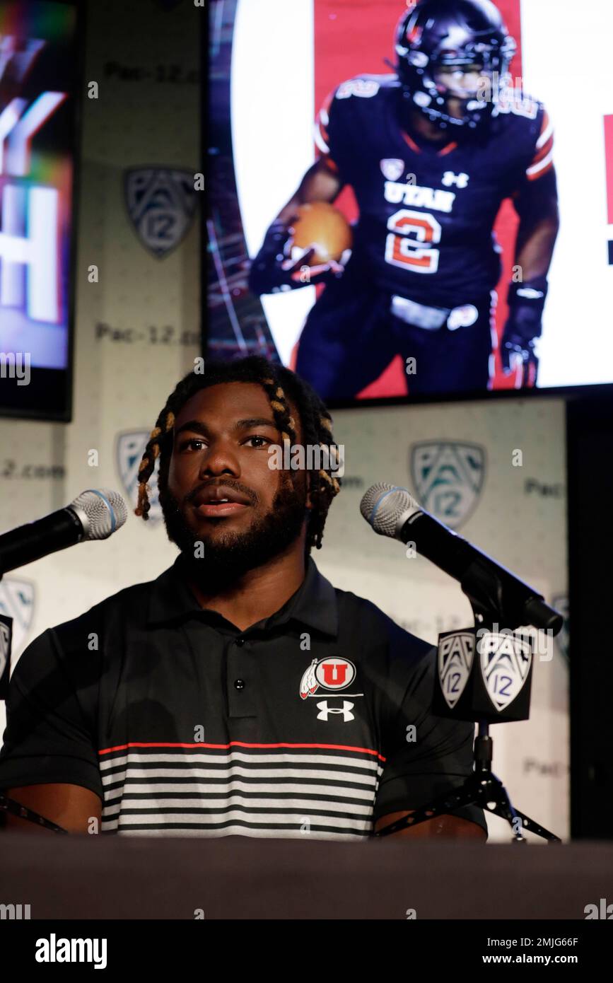 Utah running back Zack Moss answers questions during the Pac-12 ...
