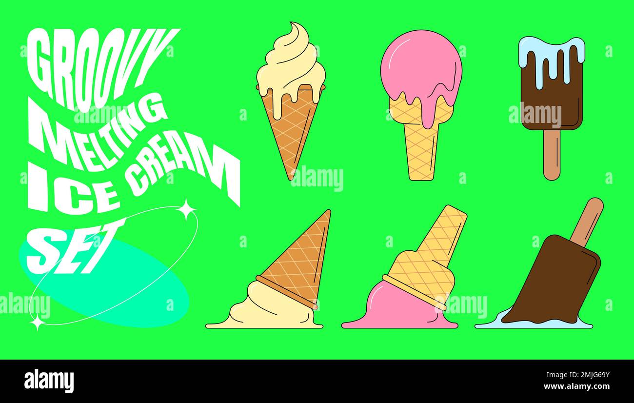 Retro Groovy Style Ice Cream Cone Set Hippie Melting Plombir Collection Vintage Hippy Various