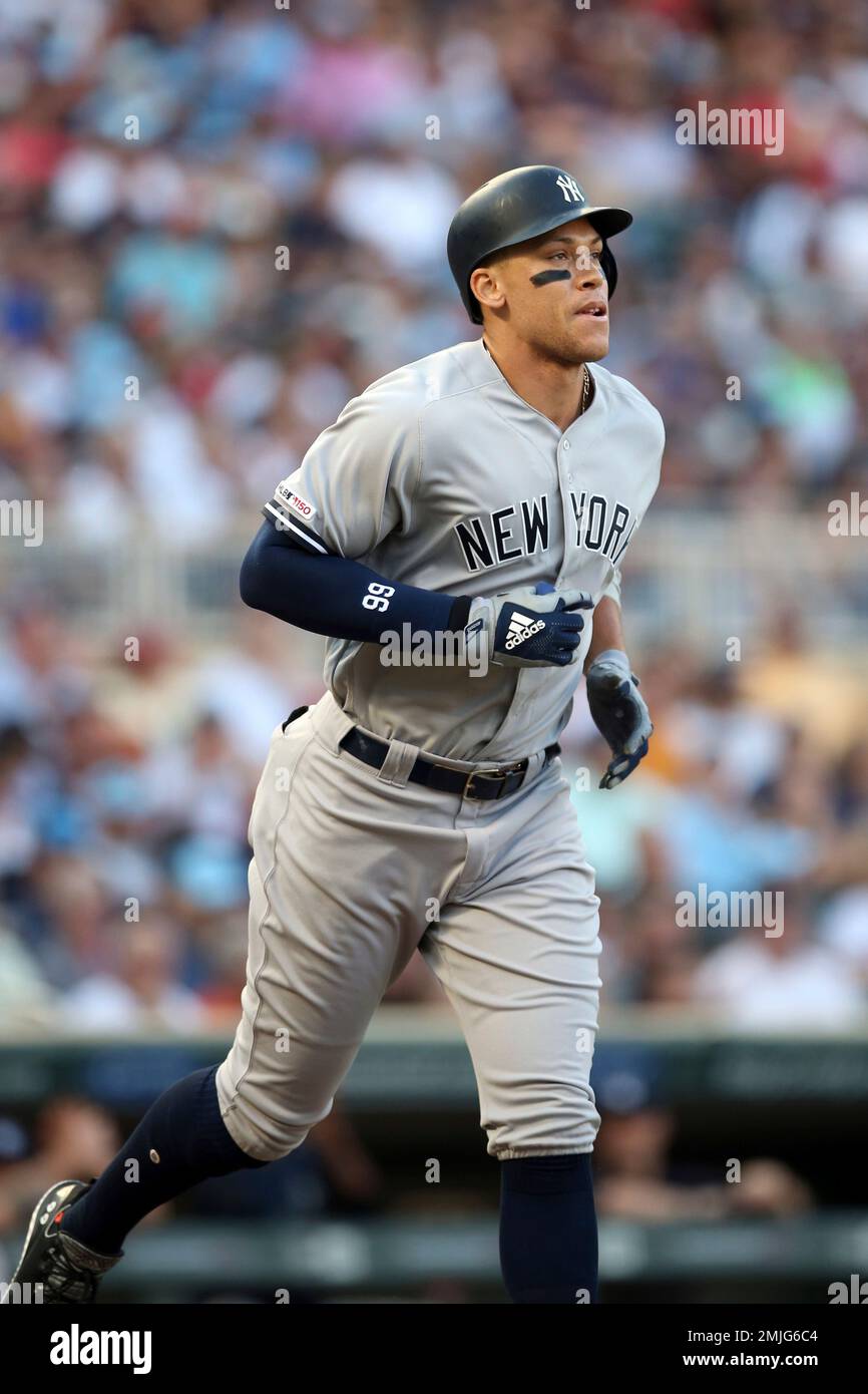 New York Yankees' Aaron Judge bats against the Minnesota Twins in a ...