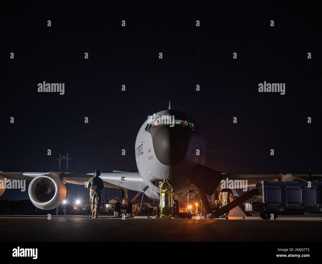 U.S. Air Force Airmen with the 914th Air Refueling Wing, NY, prepare a KC-135 Stratotanker for ...