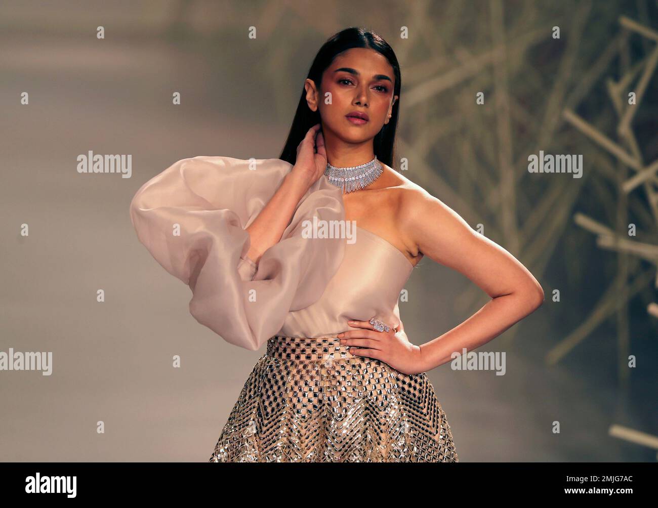 Bollywood actress Aditi Rao Hydari displays a creation by Indian ...