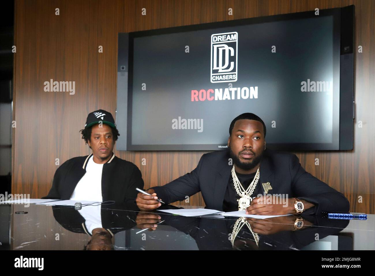 Jay-Z, left, and Meek Mill make an announcement of the launch of Dream ...