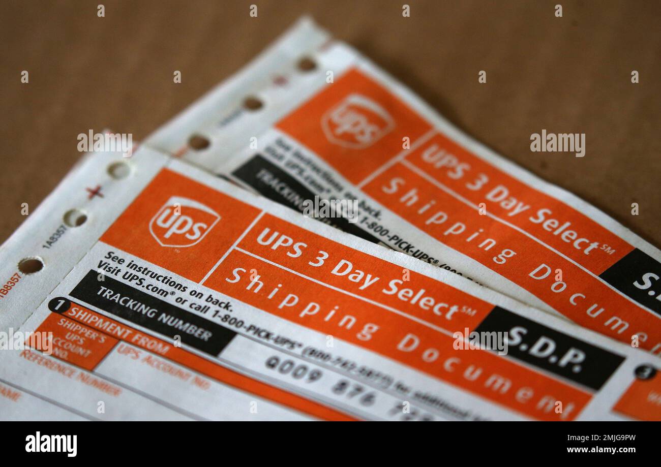 This Wednesday, July 17, 2019 photo shows UPS shipping labels ready for ...
