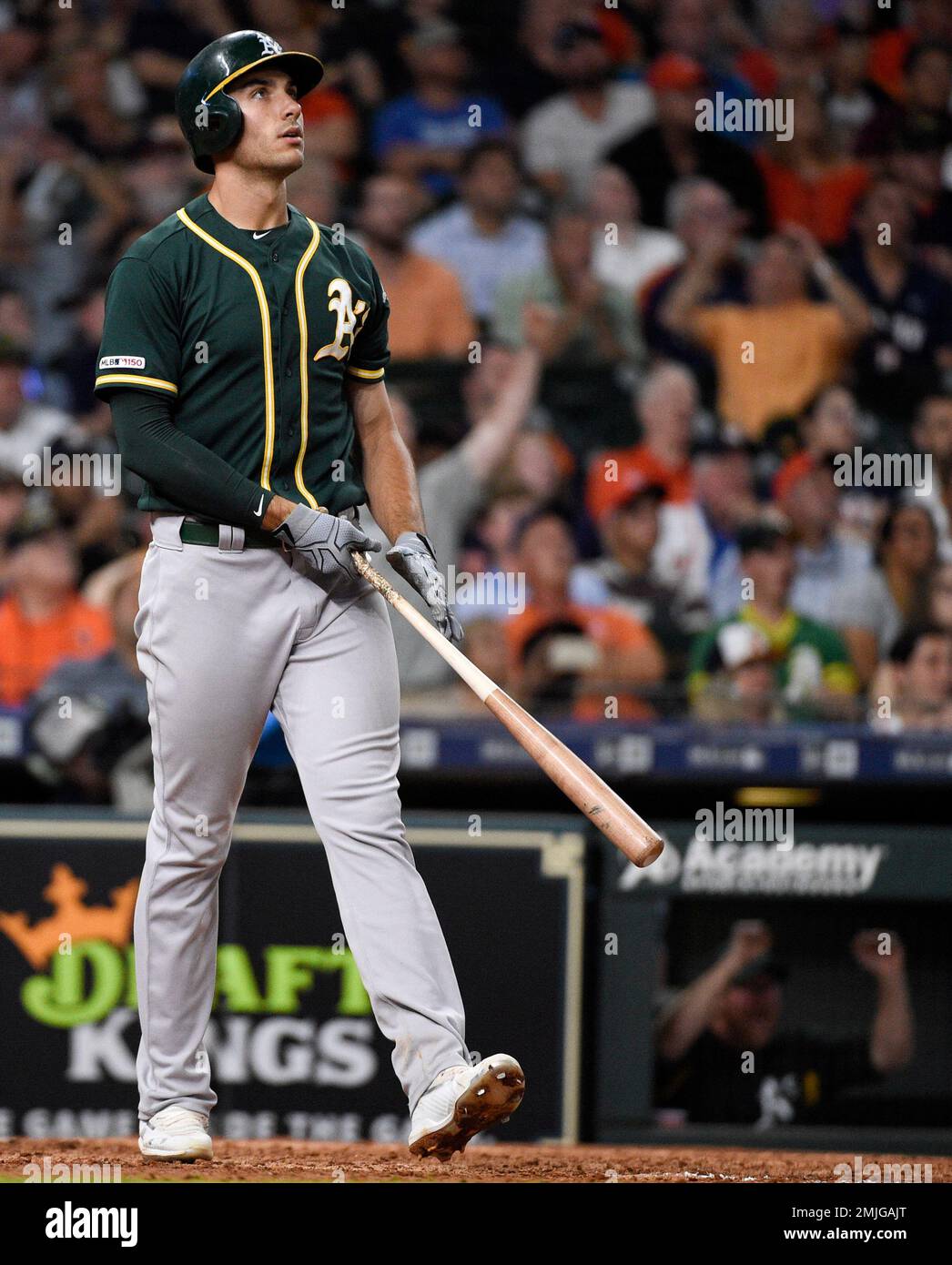 Oakland Athletics' Matt Olson watches his three-run home run off ...