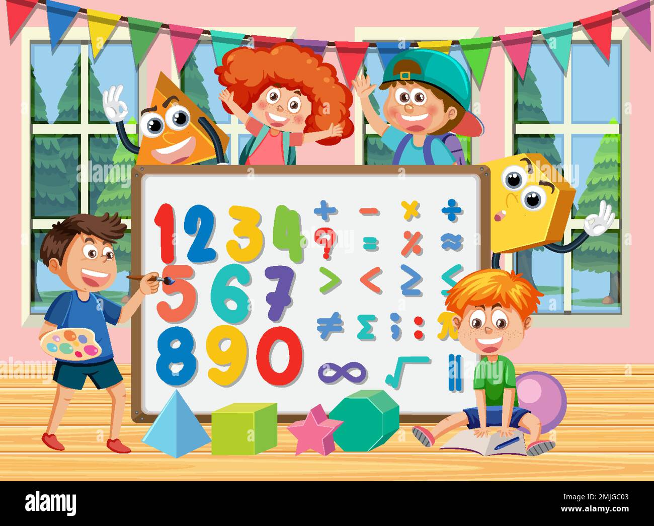 Number and math equation on whiteboard with student in classroom ...