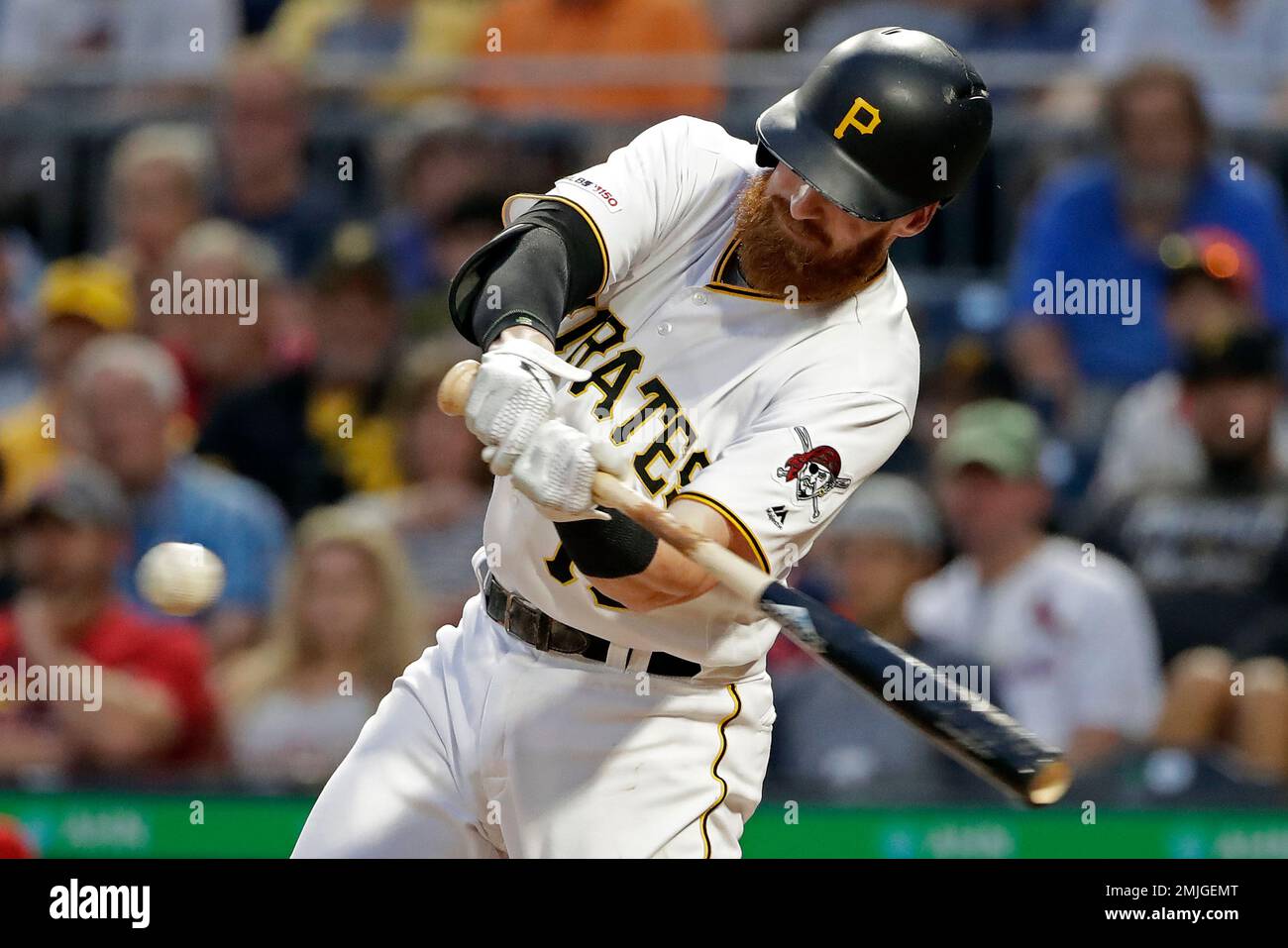 Pittsburgh Pirates' Colin Moran drives in a run with an RBI-single off ...
