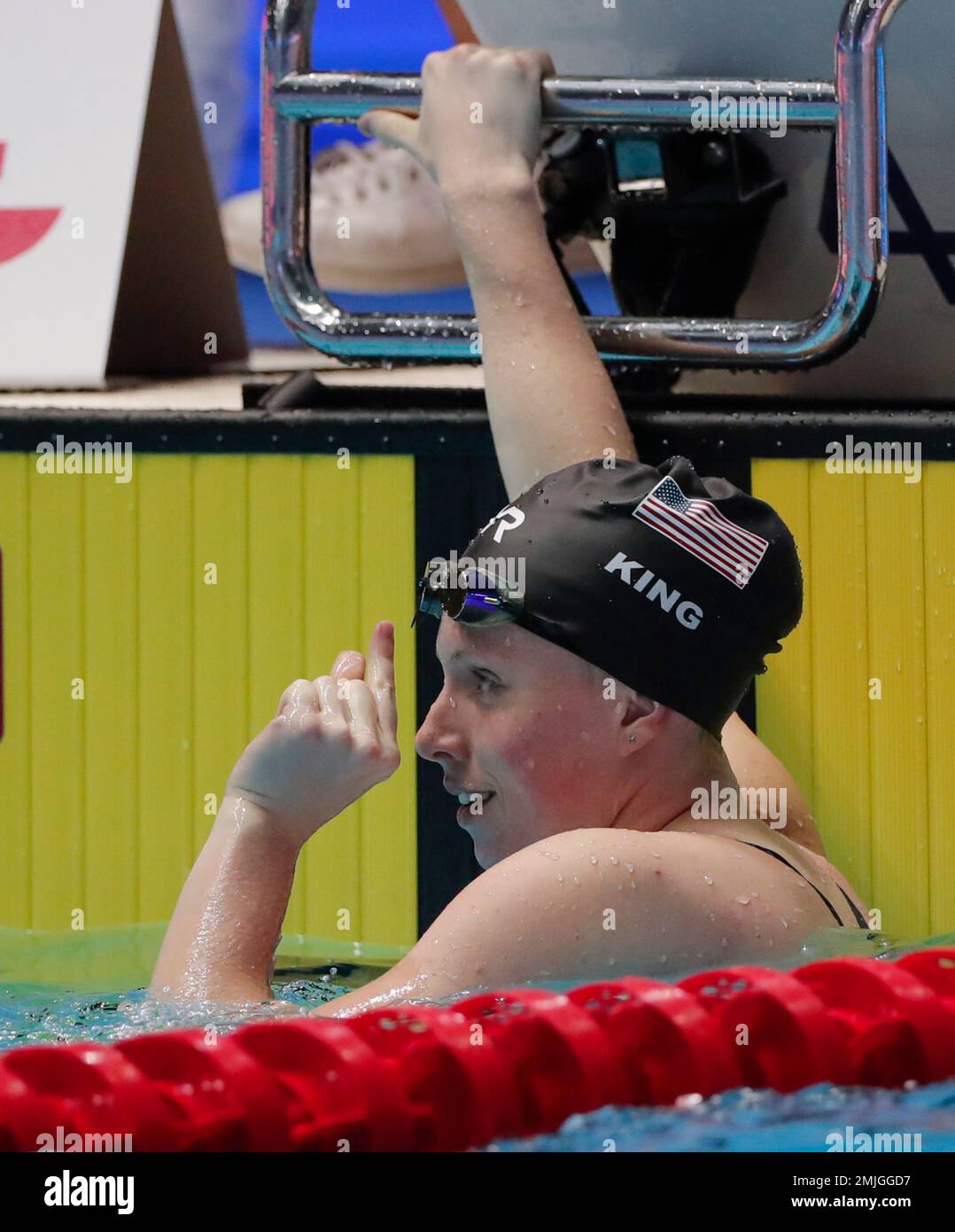 United States' Lilly King gestures after her women's 100m breaststroke ...