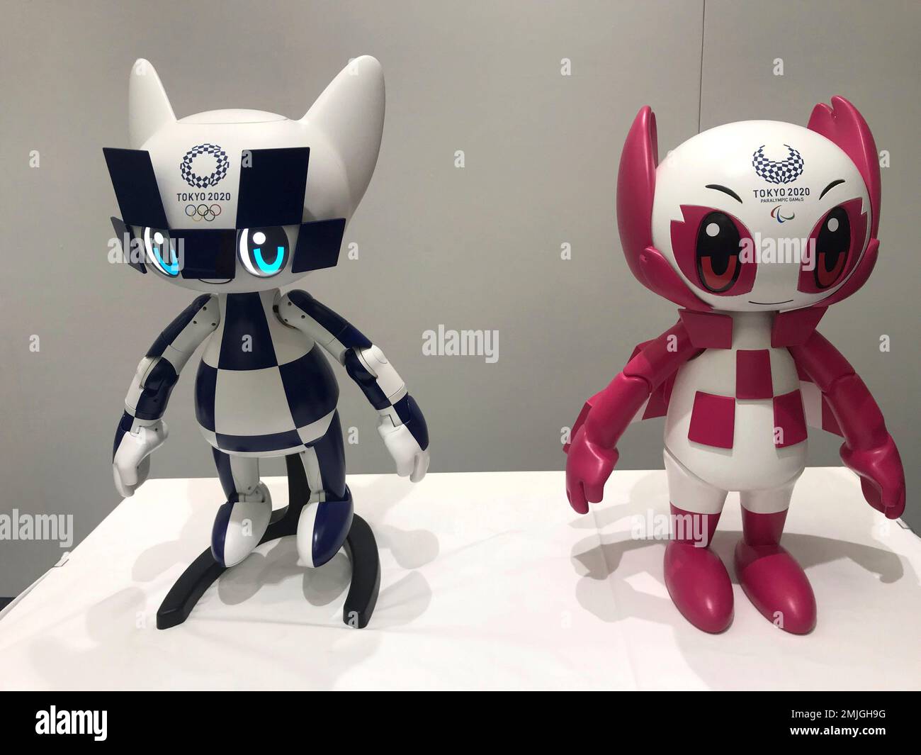 In this Thursday, July 18, 2019, photo, robots of mascots of Olympics ...