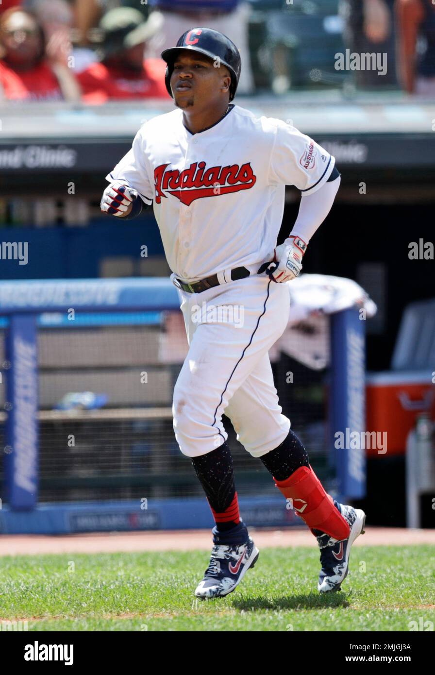 Cleveland Indians' Jose Ramirez runs the bases after hitting a solo ...