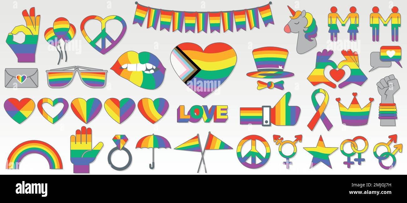 Set of LGBTIQ icons and design elements with the colors of the rainbow ...