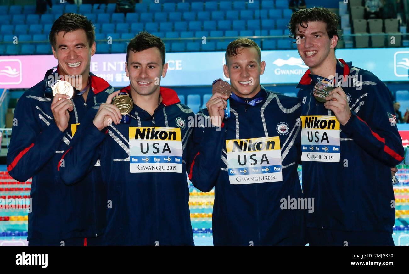 US men's 4x100m relay team, from left, Nathan Adrian, Blake Pieroni ...