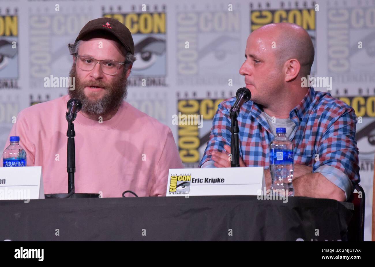 Seth Rogen, left, and Eric Kripke participate in "The Boys" panel on ...