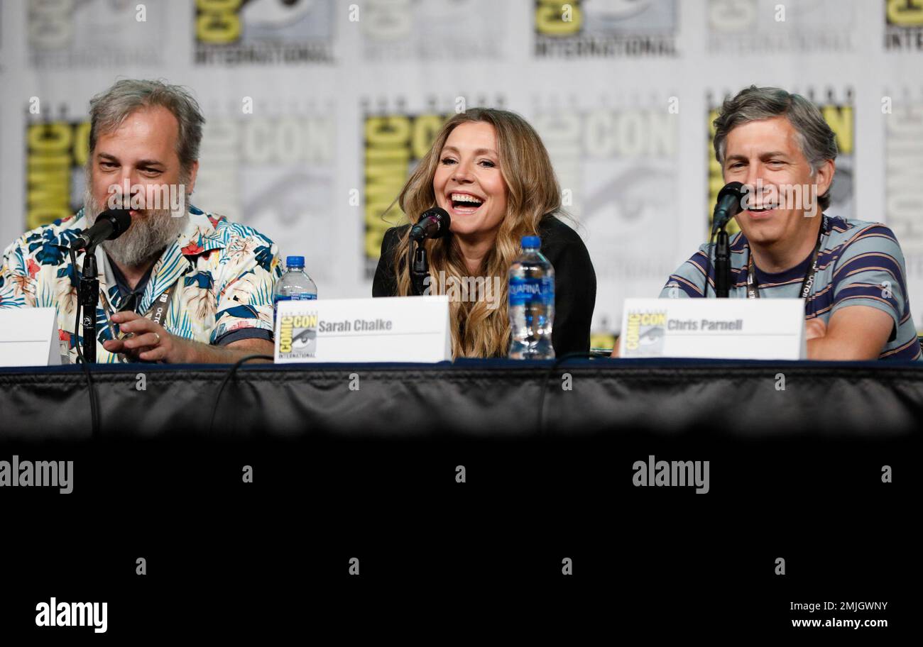 Dan Harmon, from left, Sarah Chalke and Chris Parnell participate in ...