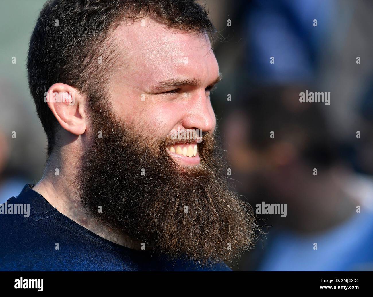 Liam Coltman of New Zealand's All Blacks, smiles after training session ...