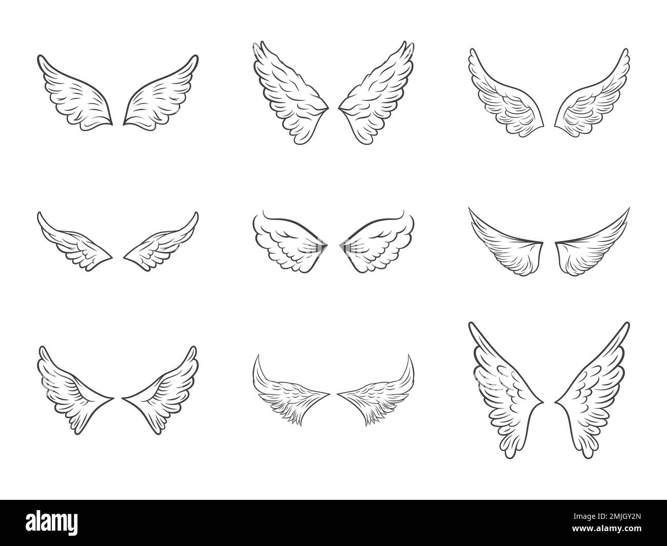 Vector Black Outline Wing Icon Set Isolated on White Background. Linear ...