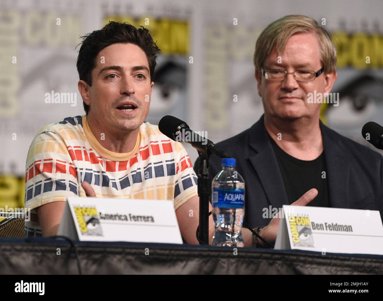 Ben Feldman, left, and Mark McKinney participate in the "Superstore ...