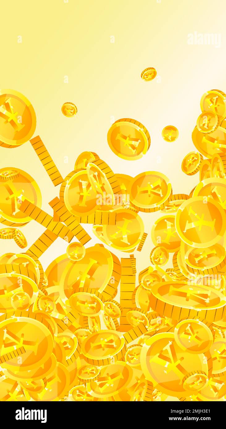 Japanese yen coins falling. Scattered gold JPY coins. Japan money ...