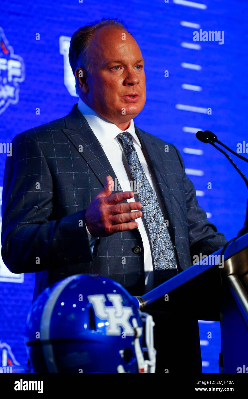 Kentucky head coach Mark Stoops speaks to reporters during the NCAA ...