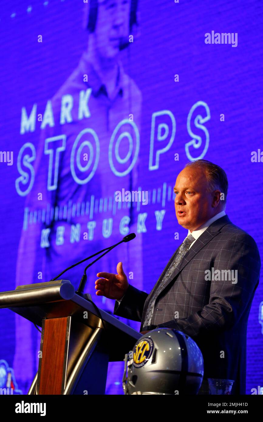Kentucky head coach Mark Stoops speaks to reporters during the NCAA ...