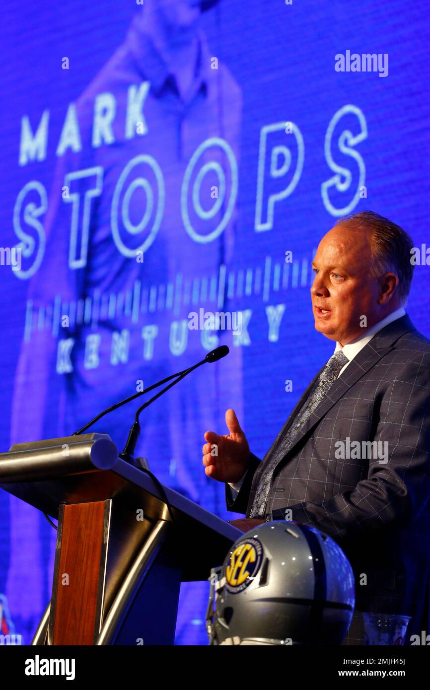 Kentucky head coach Mark Stoops speaks to reporters during the NCAA ...