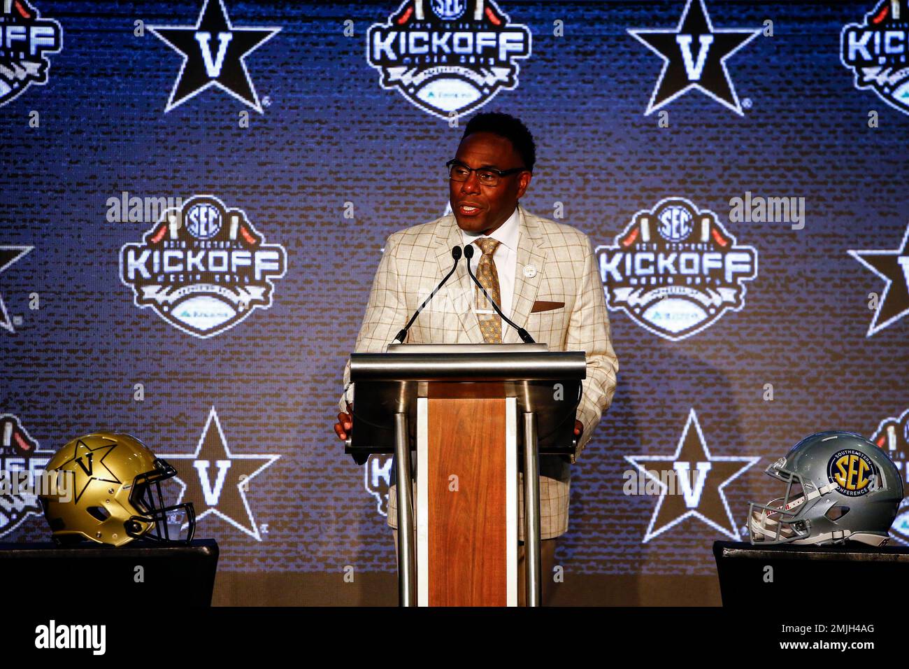 Vanderbilt head coach Derek Mason speaks to reporters during the NCAA ...