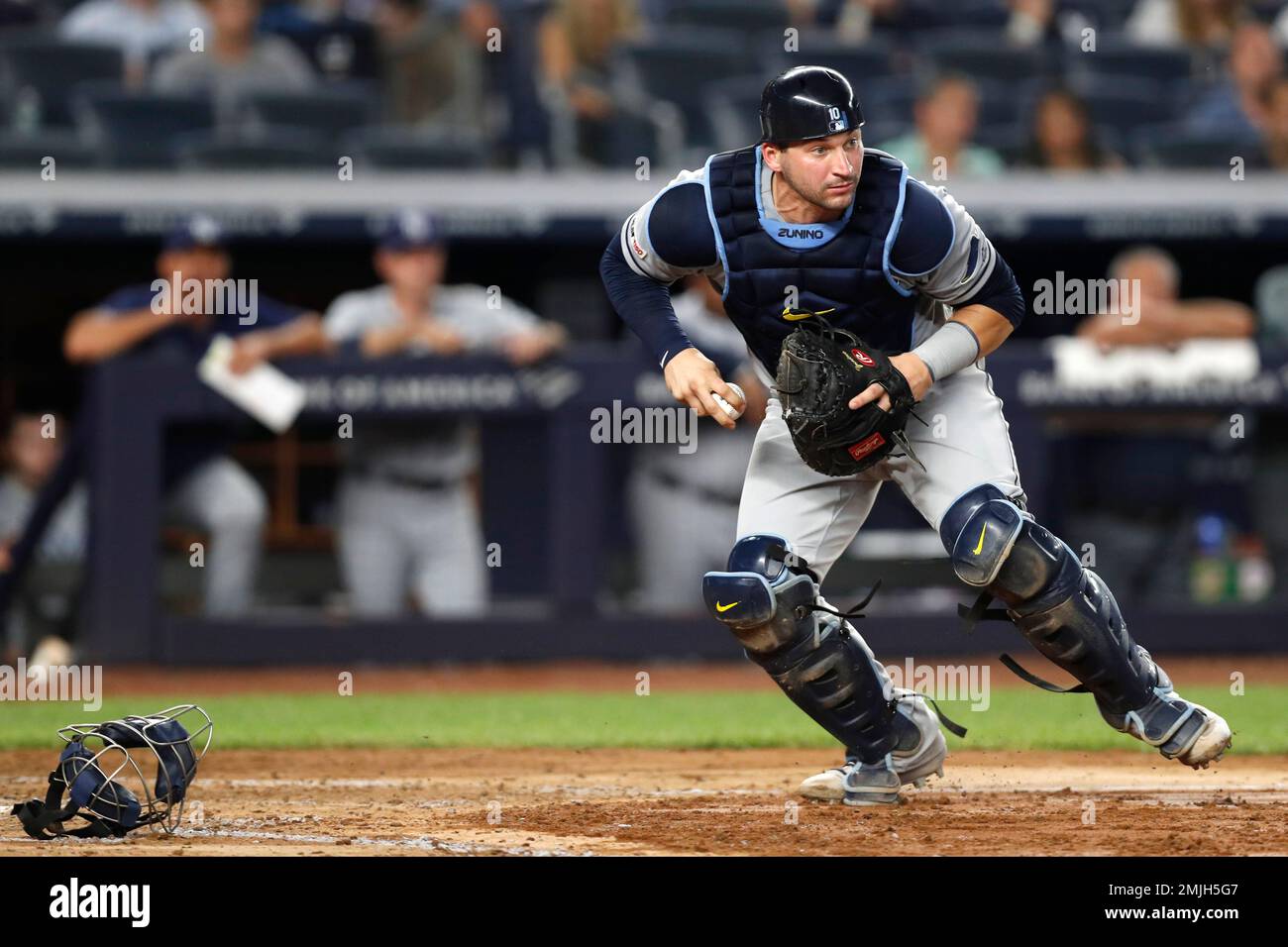 Tampa Bay Rays' catcher Mike Zunino assesses the need to make a play ...