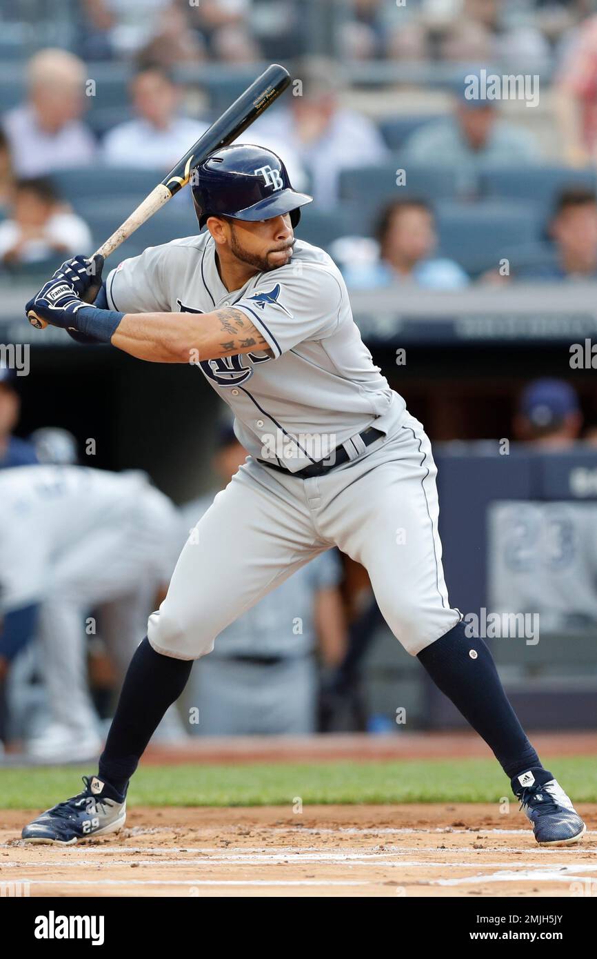 Tampa Bay Rays' Tommy Pham awaits a pitch during a baseball game ...