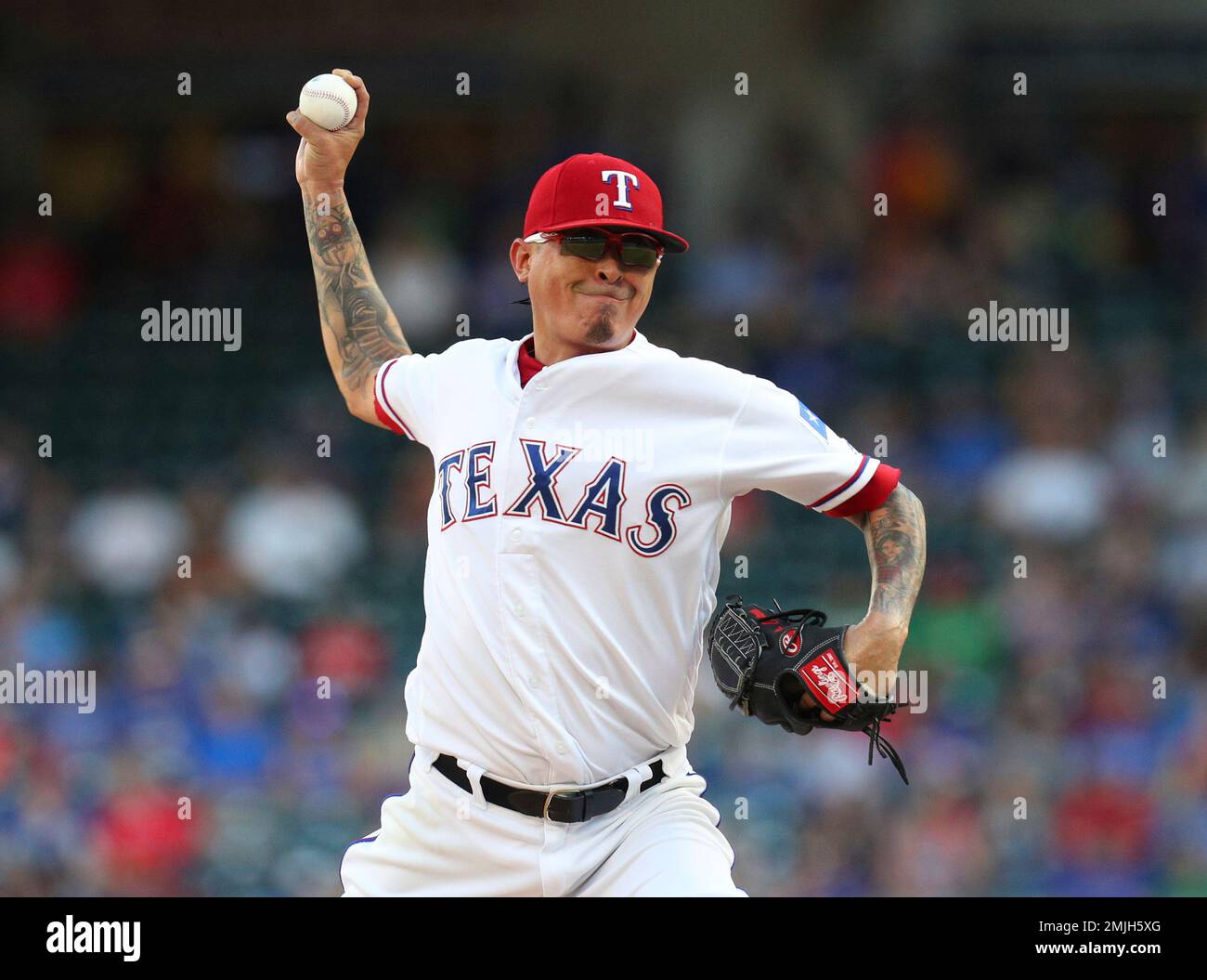 Texas Rangers pitcher Jesse Chavez (53) works the first inning of a ...