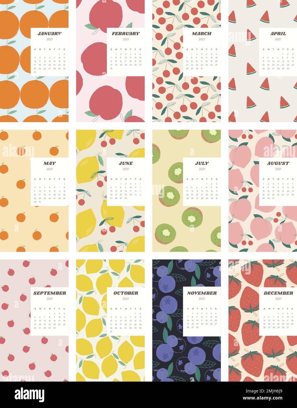 Calendar 2021 printable vector template with cute fruit background set ...