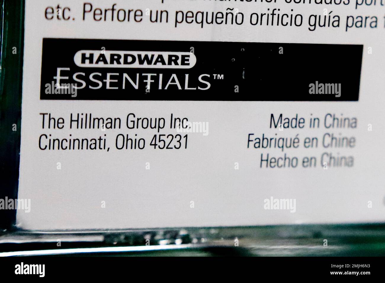 Hardware, with labeling indicating it was made in China, is shown on ...