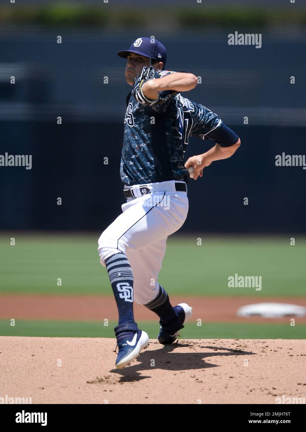 San Diego Padres starting pitcher Cal Quantrill delivers a pitch during ...