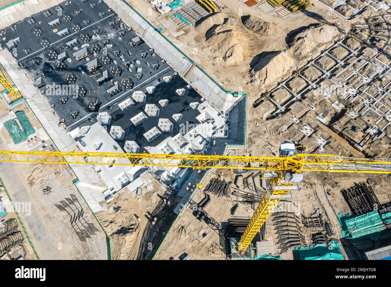 building concrete slab foundation on the construction site. aerial ...