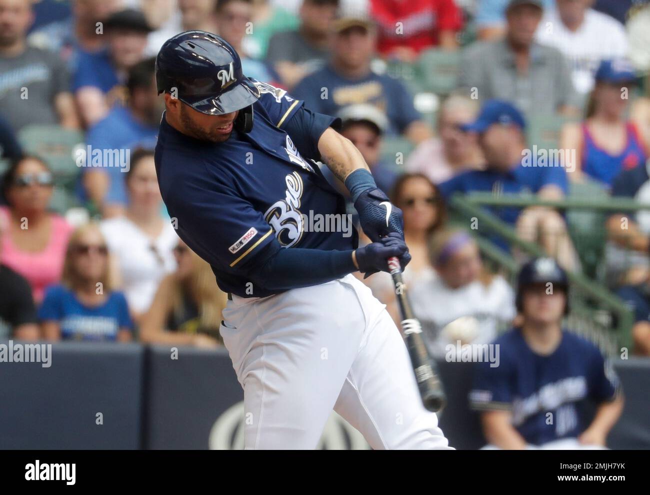 Milwaukee Brewers' Manny Pina hits a two-run home run during the second ...