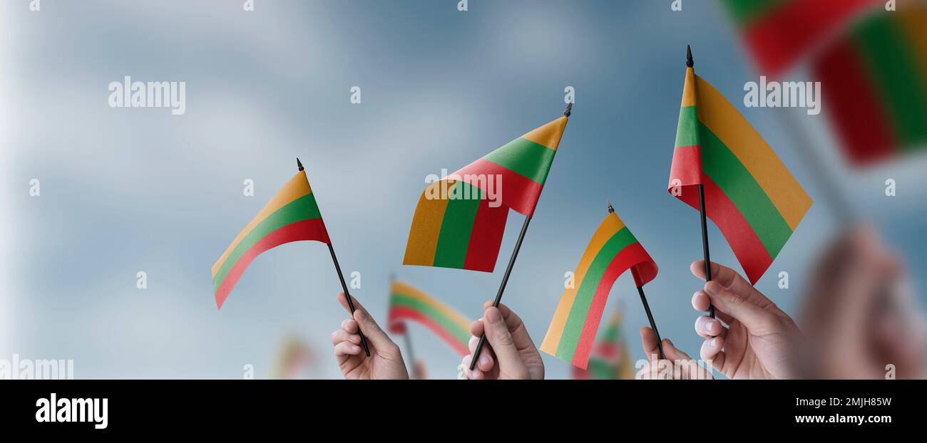 A group of people holding small flags of the Lithuania in their hands ...