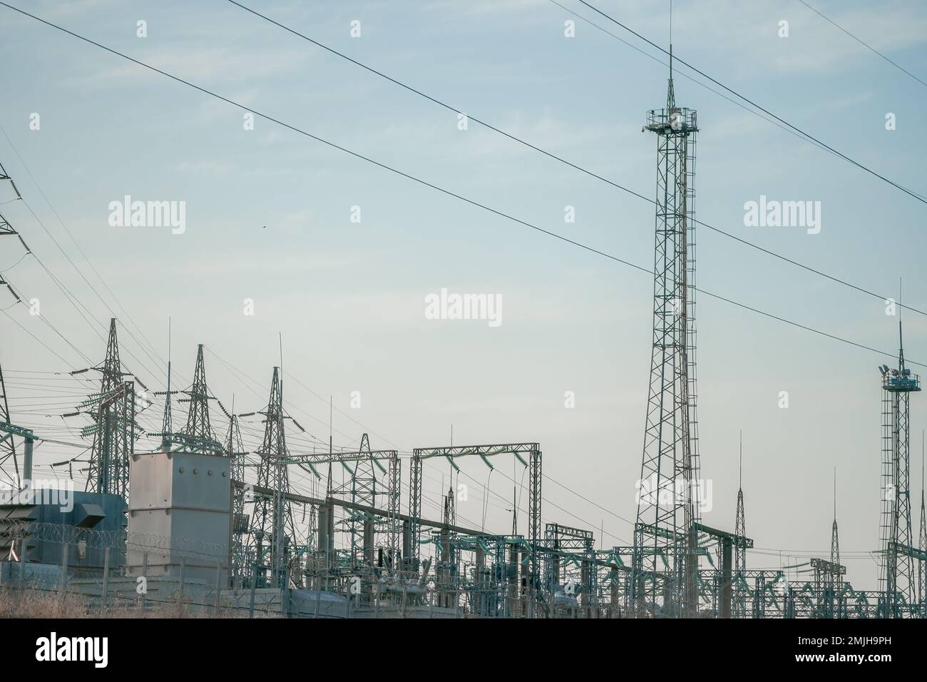 Power line support with wires for electricity transmission. Silh Stock ...