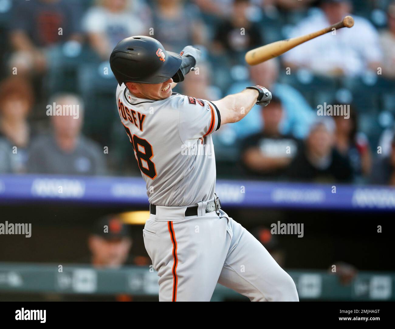 San Francisco Giants' Buster Posey loses his bat while swinging at a ...