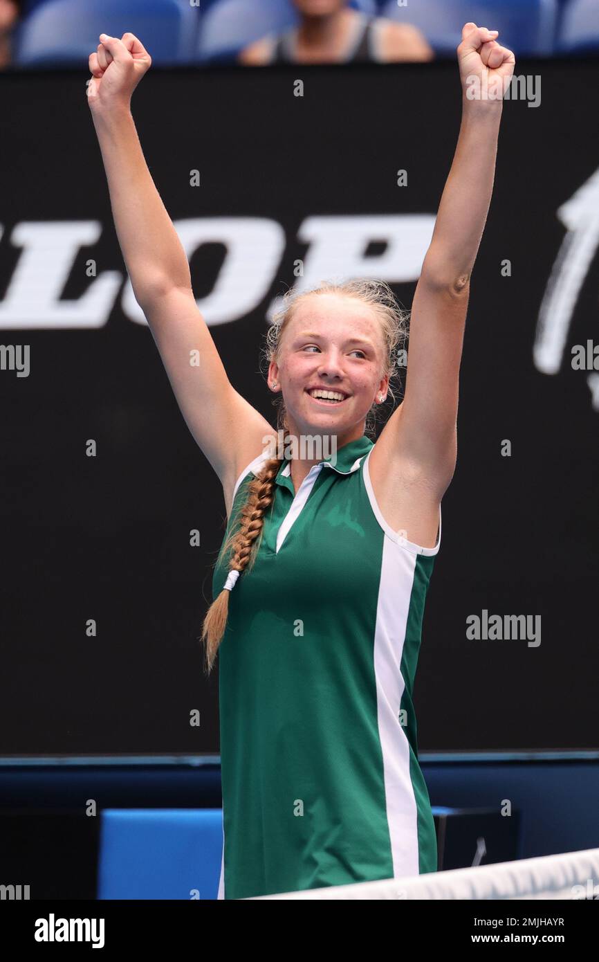 Melbourne, Australia. 28th Jan, 2023. Alina Korneeva reacts to ...