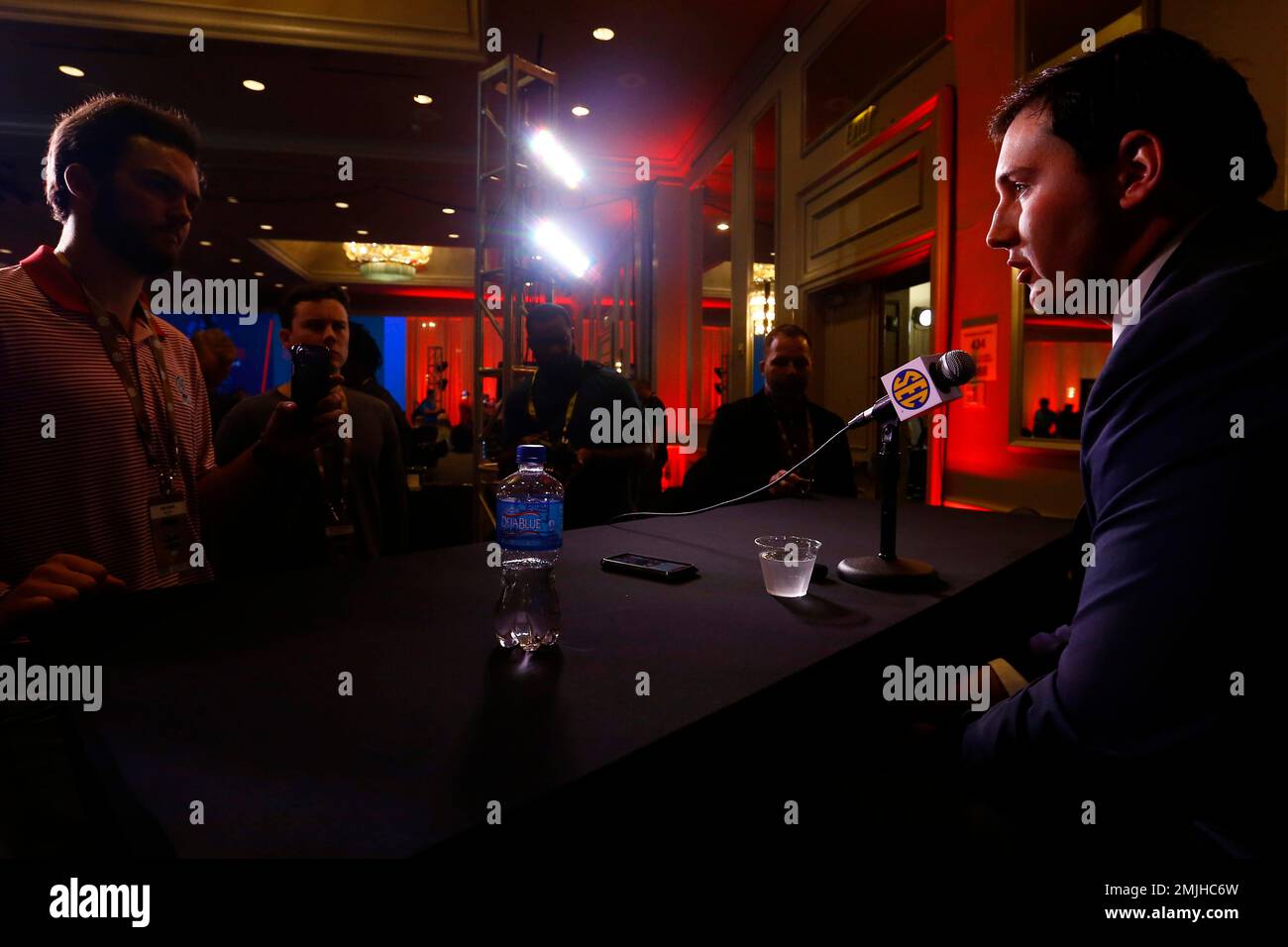 Mississippi offensive lineman Alex Givens speaks to reporters during ...
